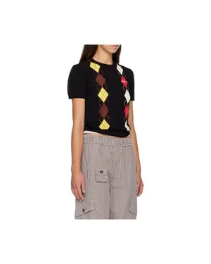 GANNI Argyle Short-sleeve Knitted Top - Black
