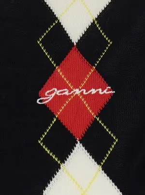 GANNI Argyle Short-sleeve Knitted Top - Black