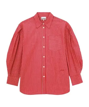 GANNI Shirt In Striped Cotton - Red