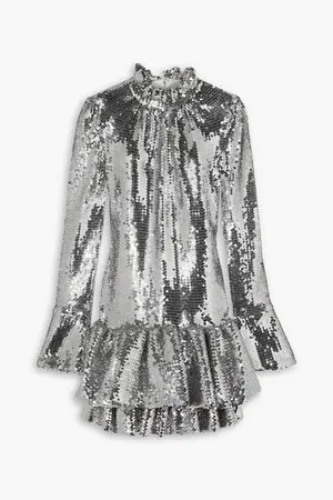 Rabanne Ruffled Sequined Stretchtulle Mini Dress - Silver