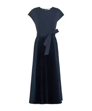 Max Mara Short Sleeve Pleated Dress With Belt - Blue