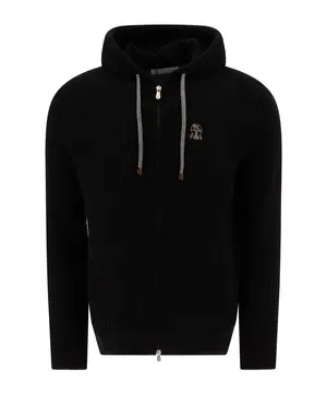 Brunello Cucinelli Logo Embroidered English Rib Knit Hooded Sweatshirt - Black