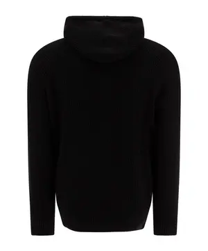 Brunello Cucinelli Logo Embroidered English Rib Knit Hooded Sweatshirt - Black