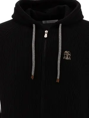 Brunello Cucinelli Logo Embroidered English Rib Knit Hooded Sweatshirt - Black