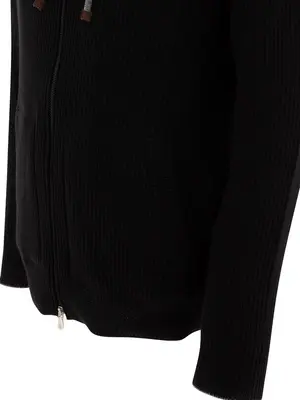 Brunello Cucinelli Logo Embroidered English Rib Knit Hooded Sweatshirt - Black