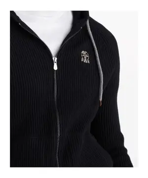 Brunello Cucinelli Logo Embroidered English Rib Knit Hooded Sweatshirt - Black
