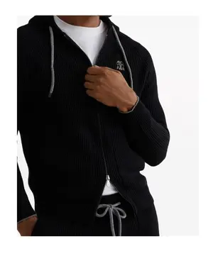 Brunello Cucinelli Logo Embroidered English Rib Knit Hooded Sweatshirt - Black