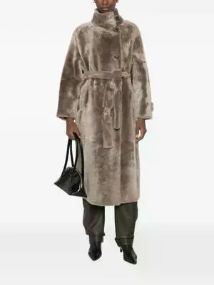 Brunello Cucinelli Belted Shearling Coat - Neutrals