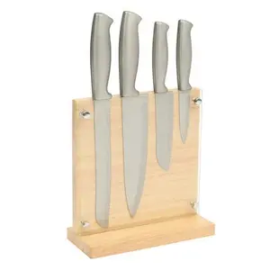 OSTER Baldwyn 5-piece Stainless Steel Knife Block Set With Wood Magnetic Stand - Silver