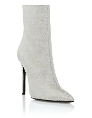 Philipp Plein Satin Boots High Heels Mid Monogram Strass - Beige