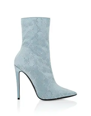 Philipp Plein Satin Boots High Heels Mid Monogram Strass - Lightblue
