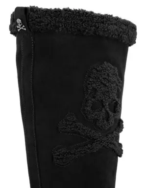 Philipp Plein Mid Flat Skull & Bones Faux Sheepskin Boots