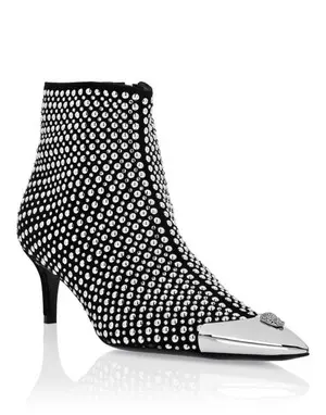 Philipp Plein Studded And Strass Skull Low Heel Ankle Boots - Black