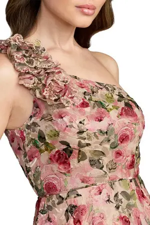 Mac Duggal Floral Velvet One-shoulder Gown