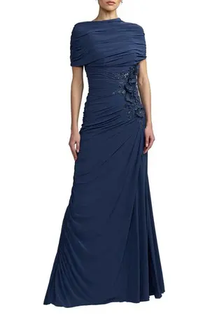 Mac Duggal Embellished Jersey Draped Column Gown
