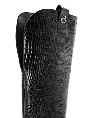 Philipp Plein Over-the-knee Croc Effect Low Heel Boots - Black