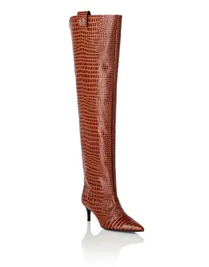 Philipp Plein Over-the-knee Croc Effect Low Heel Boots - Brown