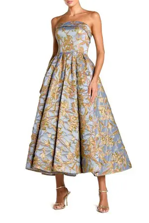 Mac Duggal Strapless Floral Brocade Midi Dress With Pockets