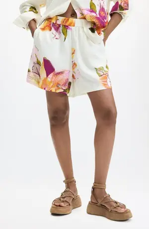 Desigual Floral Relaxed Fit Linen Blend Shorts - Off White