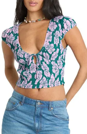 BILLABONG Floral Smocked Tie-front Cropped Top
