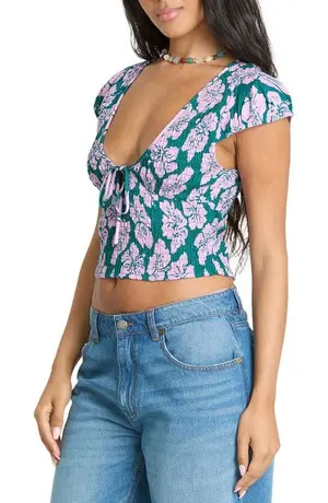 BILLABONG Floral Smocked Tie-front Cropped Top