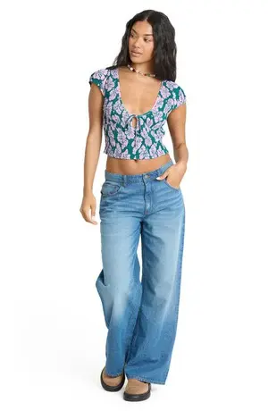BILLABONG Floral Smocked Tie-front Cropped Top