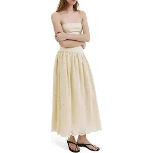 Mango Embroidered Eyelet Strapless Maxi Dress - Sand