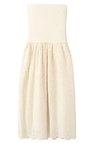 Mango Embroidered Eyelet Strapless Maxi Dress - Sand