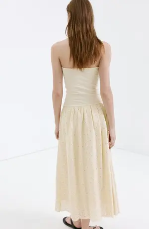 Mango Embroidered Eyelet Strapless Maxi Dress - Sand