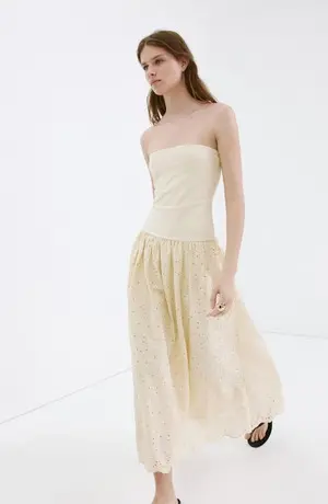 Mango Embroidered Eyelet Strapless Maxi Dress - Sand