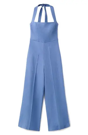 Mango Solid Linen Halter Jumpsuit