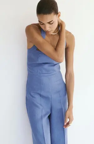Mango Solid Linen Halter Jumpsuit