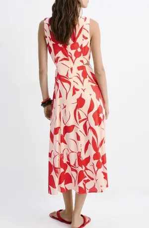 Mango Floral Print Cutout Sleeveless Maxi Dress - Red
