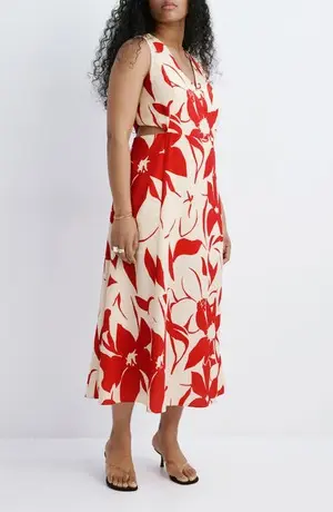 Mango Floral Print Cutout Sleeveless Maxi Dress - Red