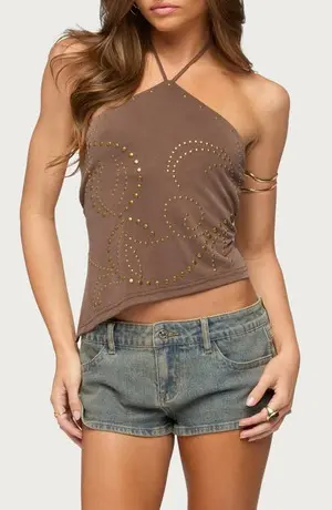 EDIKTED Studded Asymmetric Halter Top - Brown