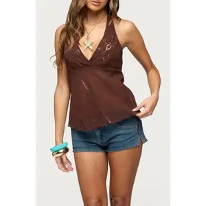 EDIKTED Beaded Sequin Halter Chiffon Top