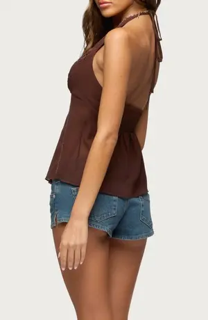 EDIKTED Beaded Sequin Halter Chiffon Top