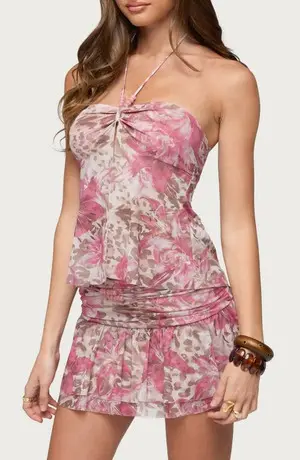 EDIKTED Tessa Floral Print Split Front Halter Top