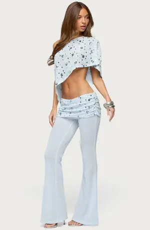 EDIKTED Zephyra Beaded Sequin Foldover Low Rise Flare Pants