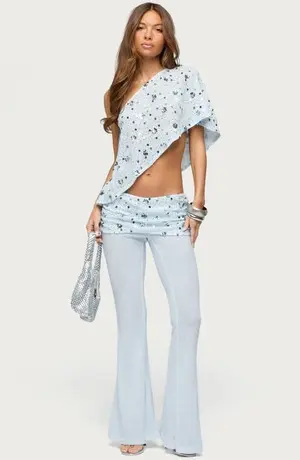 EDIKTED Zephyra Beaded Sequin Foldover Low Rise Flare Pants
