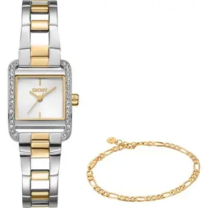 Dkny Rectangular Bracelet Watch And Chain Bracelet Set - Silver