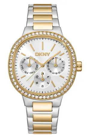 Dkny Crystal Bezel Multifunction Stainless Steel Bracelet Watch - Silver