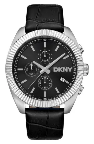 Dkny Chronograph Watch With Leather Strap - Black