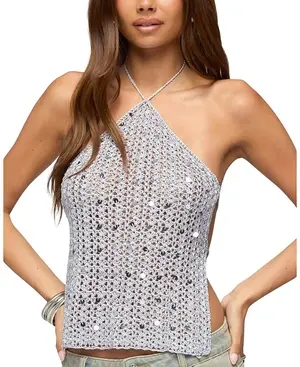 EDIKTED Thaly Backless Sequin Crochet Halter Top