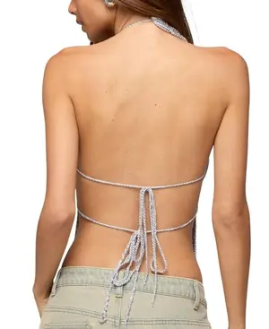 EDIKTED Thaly Backless Sequin Crochet Halter Top