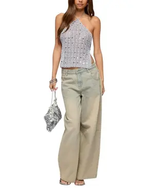 EDIKTED Thaly Backless Sequin Crochet Halter Top