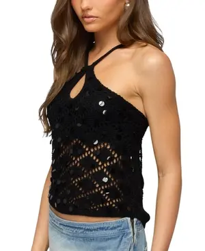 EDIKTED Mae Open Back Sequin Crochet Top