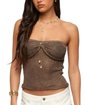 EDIKTED Dangling Charm Sequin Knit Top - Brown