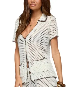 EDIKTED Rocca Contrast Button Up Crochet Top