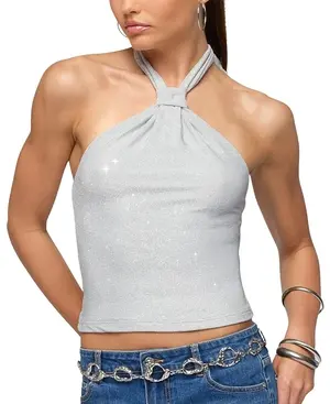 EDIKTED Katalya Glitter Halter Top - Silver
